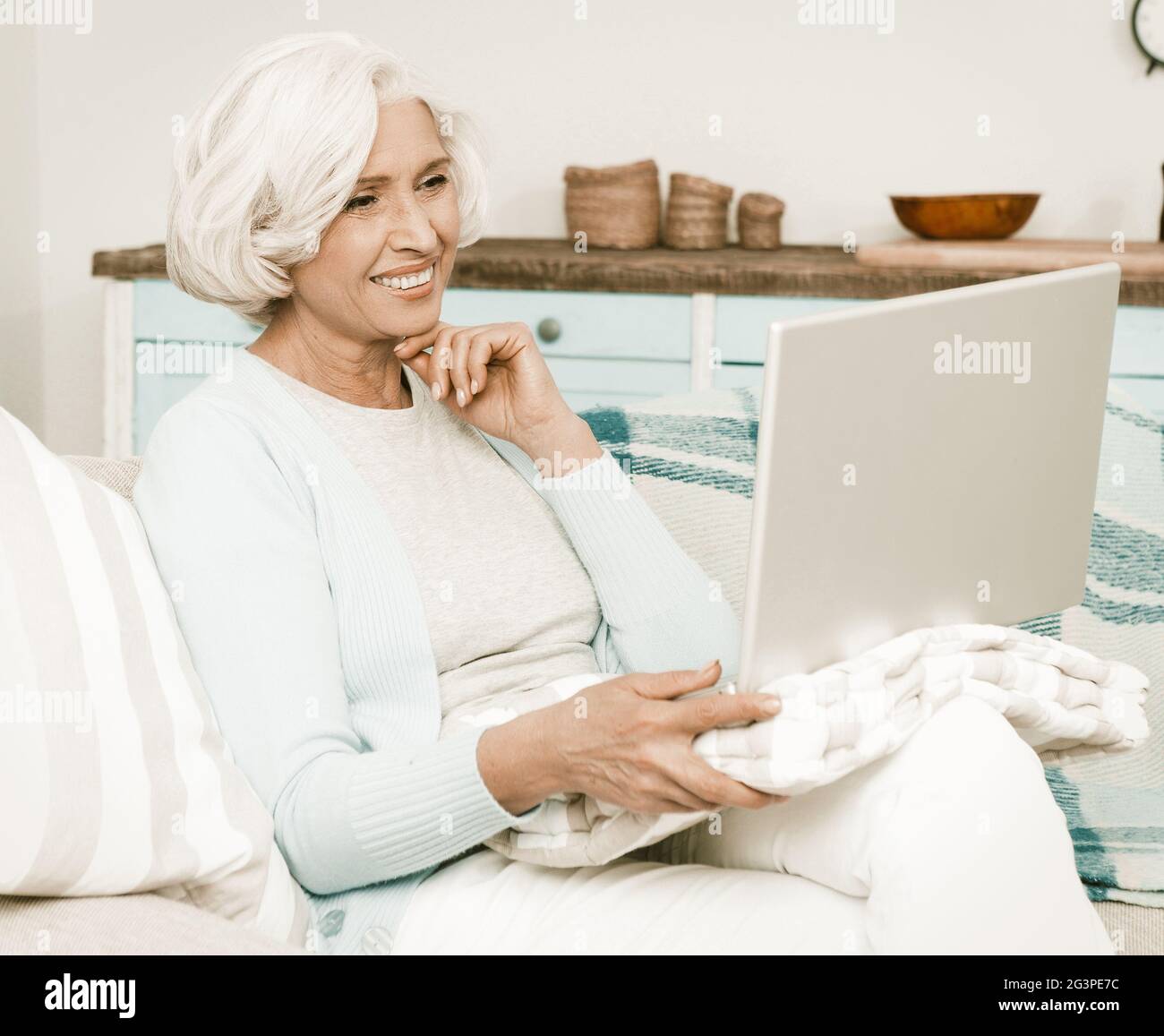 Happy Senior Lady Using Laptop Computer Stock Photo - Alamy