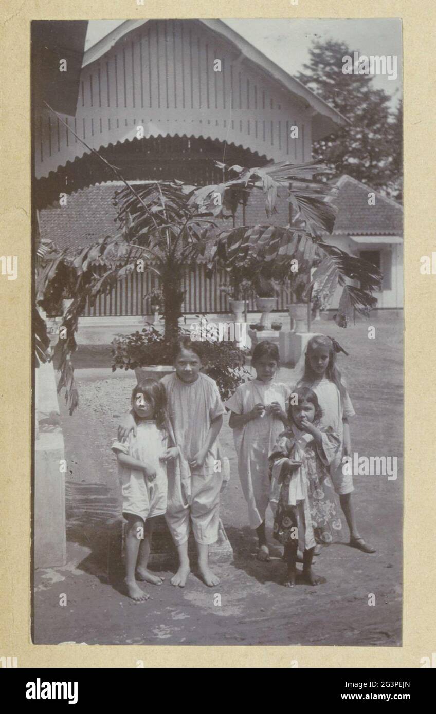 Group portrait of five children in a garden in the Dutch East Indies ...
