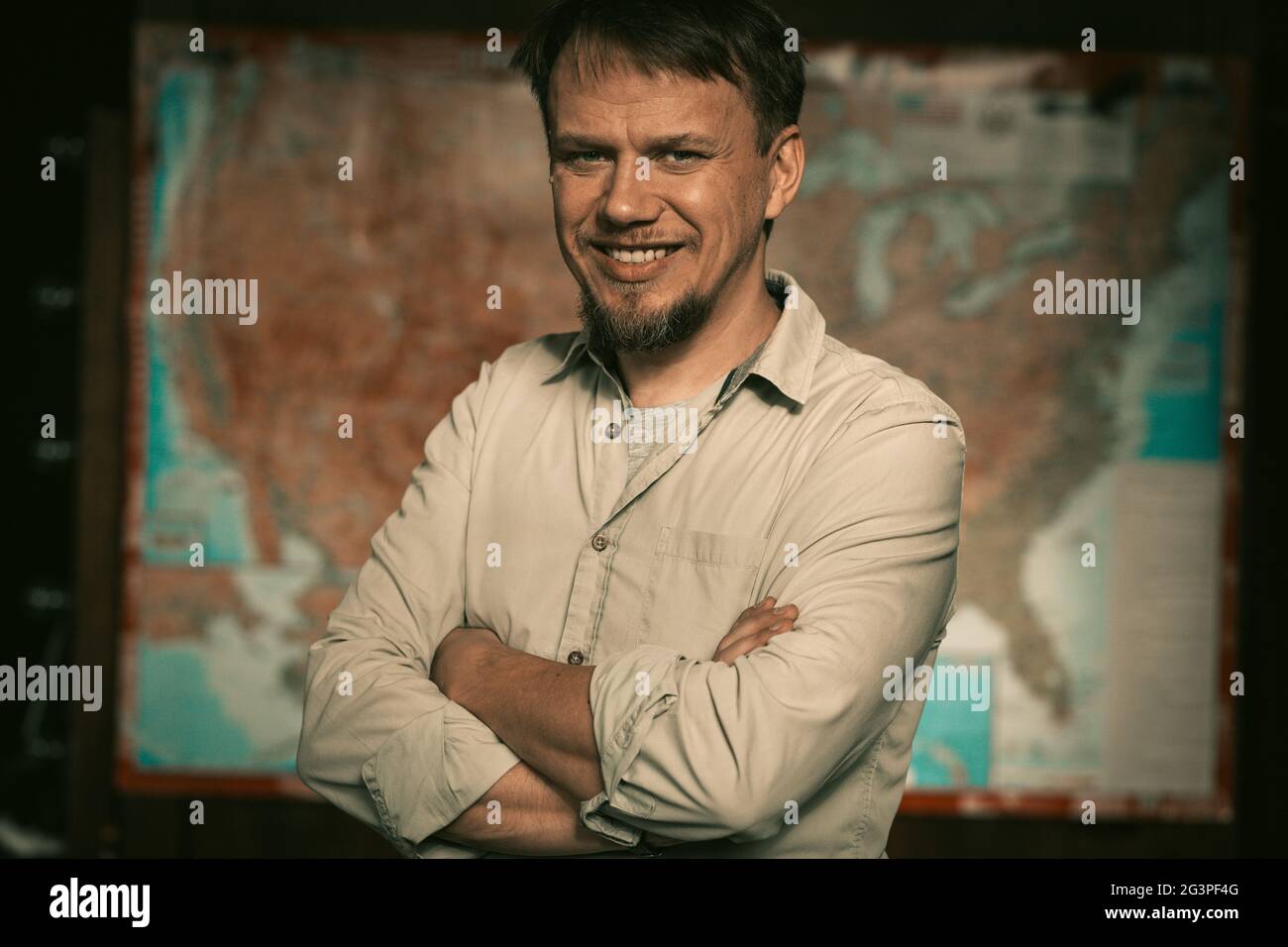Successful American Boss Chief Smiles Crossed His Arms Stock Photo - Alamy