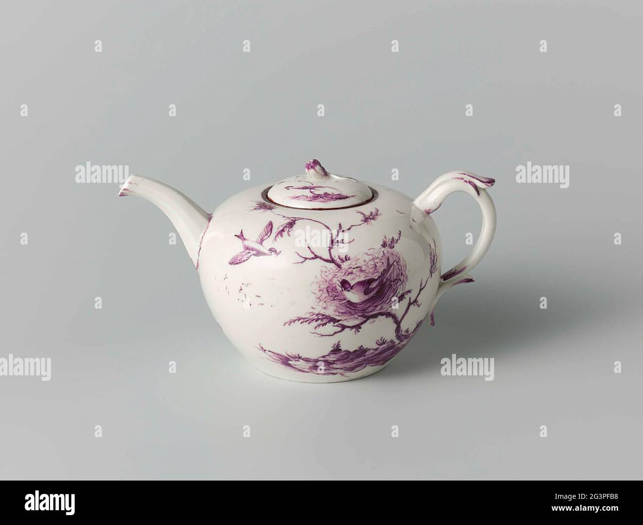Teapot, painted with trees and birds. Teapot of porcelain. Ribbed spout ...