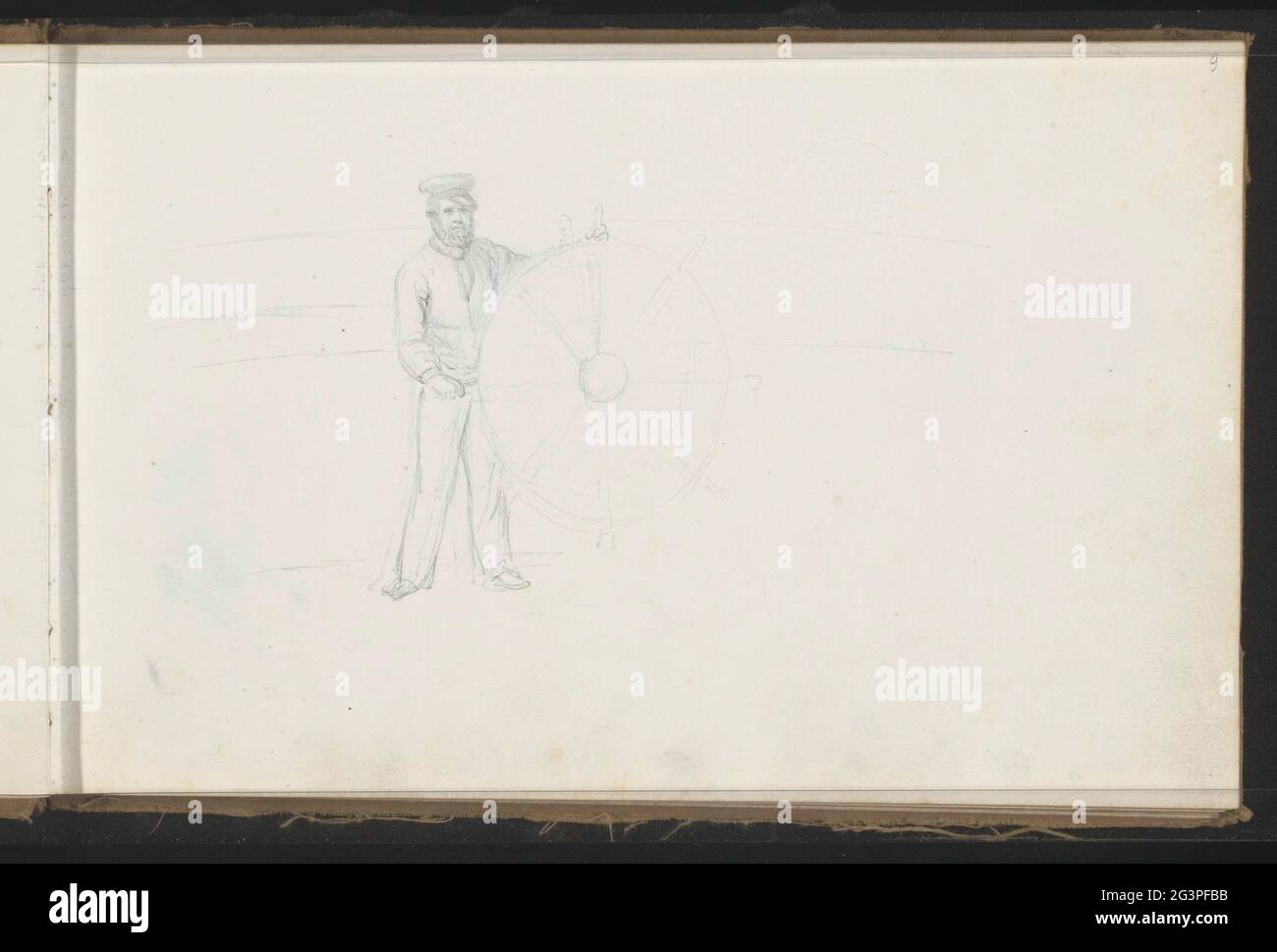 Steerman at the helm of a ship. Leaf 9 Recto from a sketchbook with 58 ...