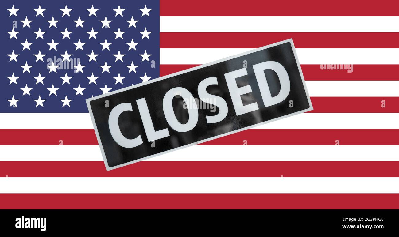 American Flag of United States of America with closed sign Stock Photo ...