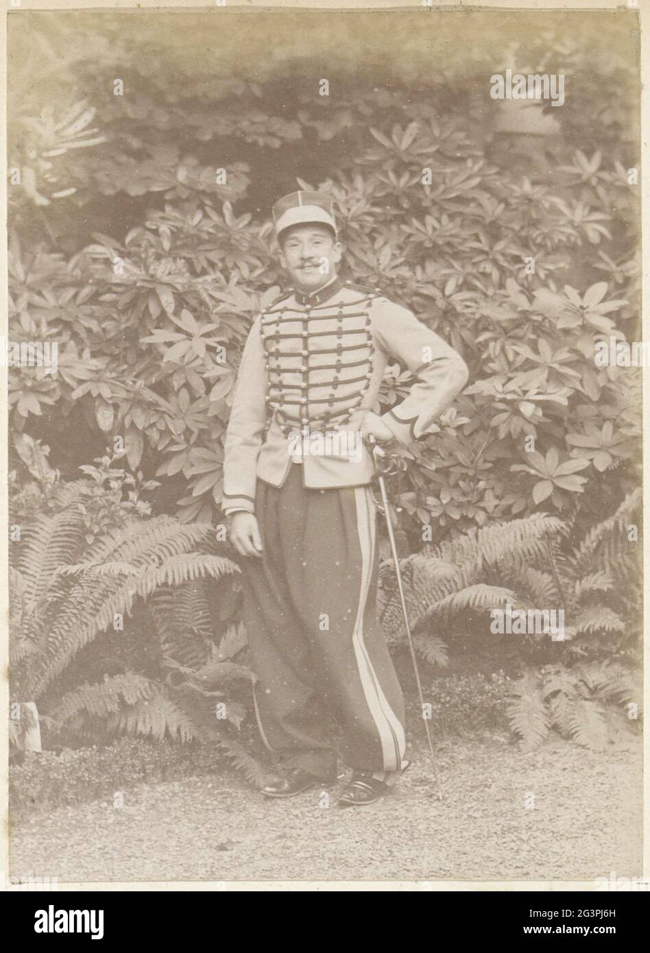 Portrait of a standing French soldier in a uniform with troubles and ...