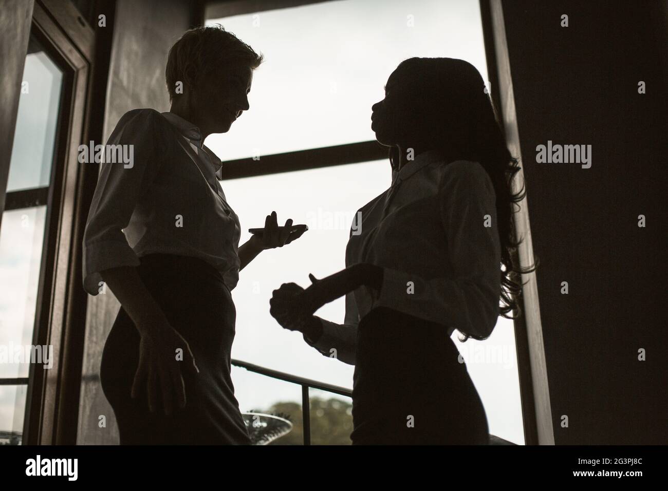 Two female Colleagues have Discussion Face To Face Stock Photo - Alamy