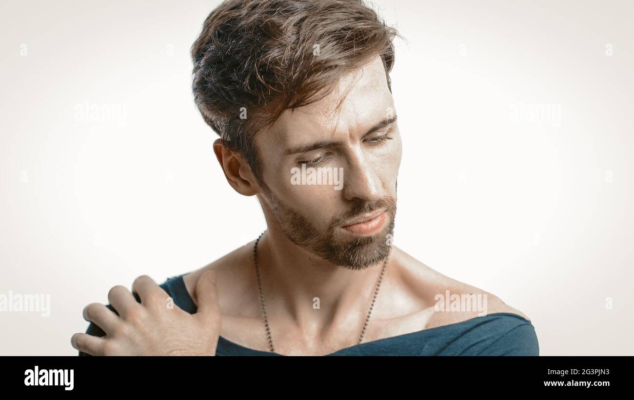 Beautiful Man With Brown Hair Isolated On White Stock Photo - Alamy