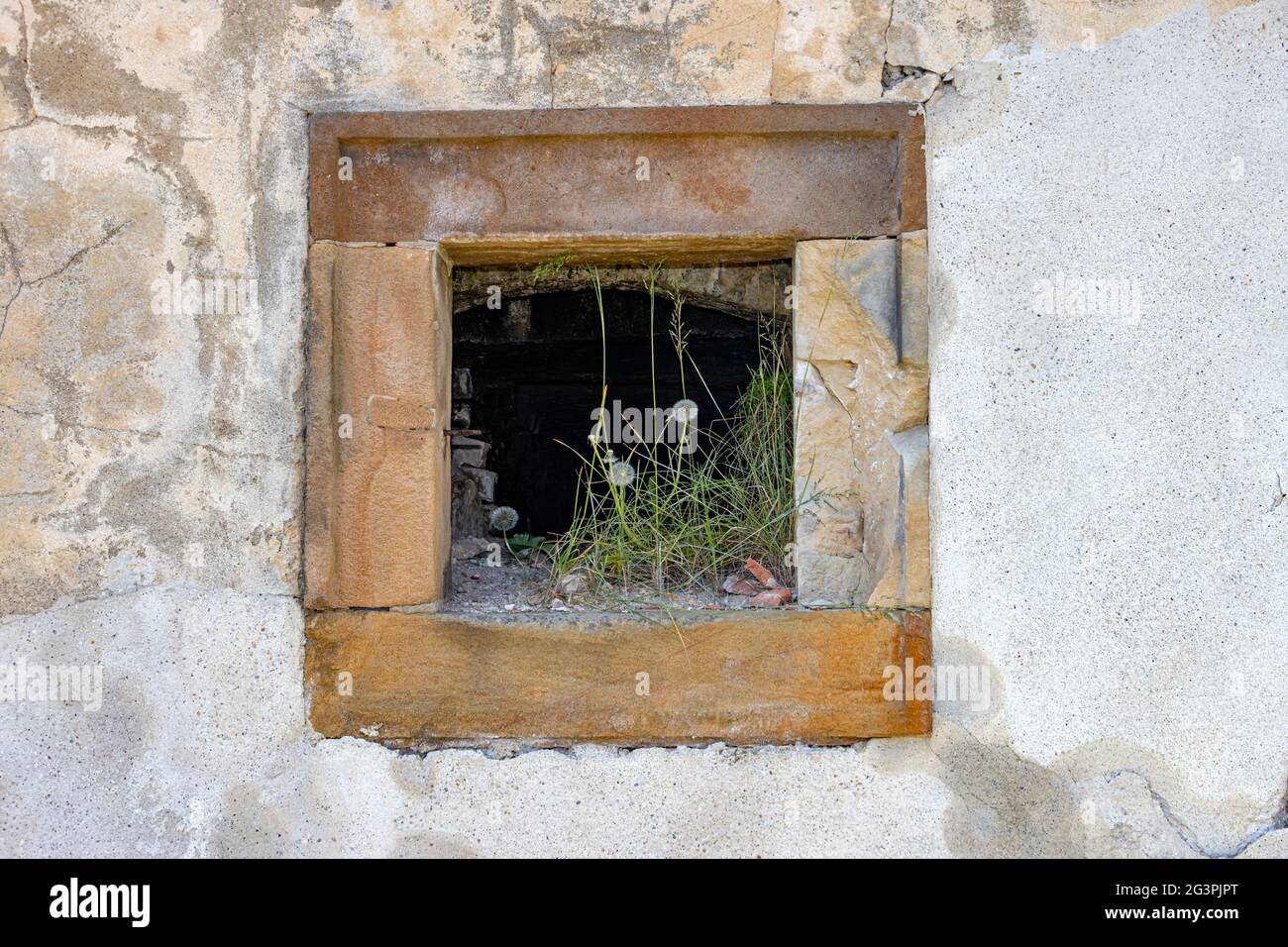 A window with overgrown grass in the wall of the building Stock Photo ...