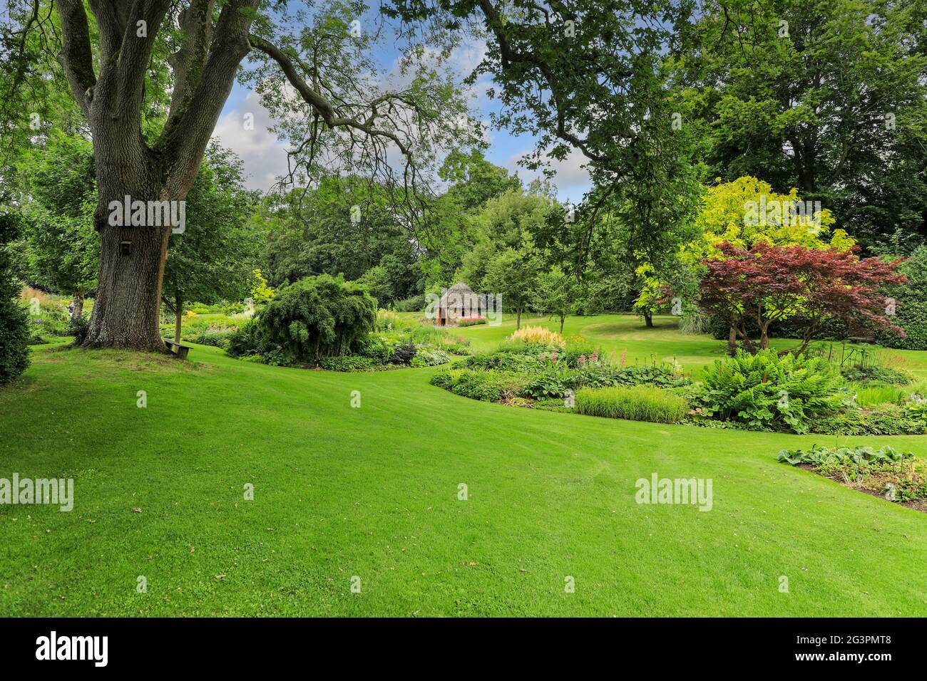 The thatched roof Dell Summer House, Bressingham Gardens, a steam ...