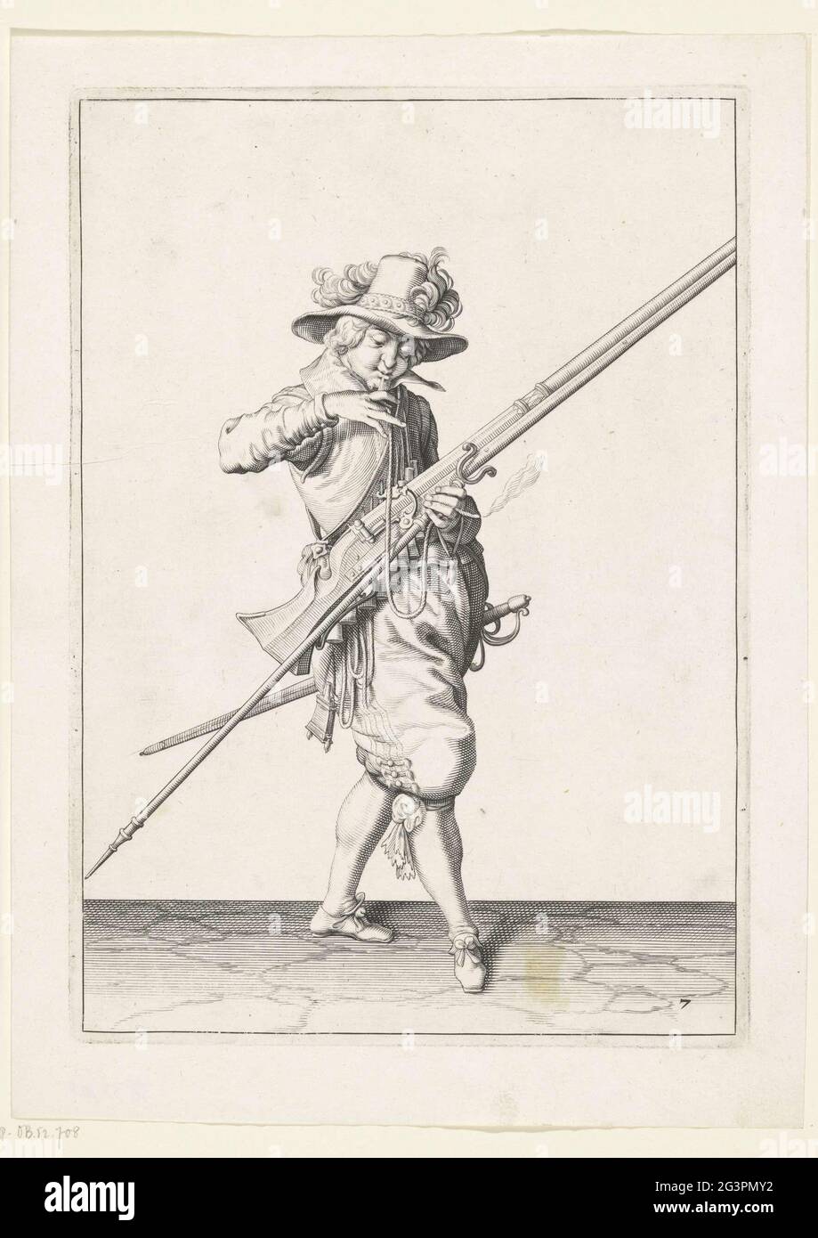 Soldier with a musket that his wick brings to his mouth to blow him ...