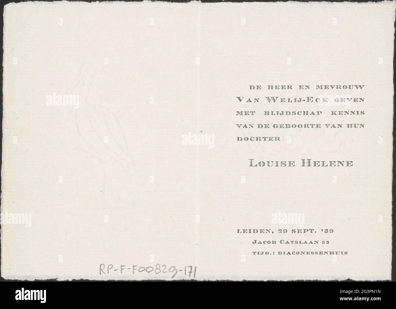 Birth card from Louise Helene, daughter of Mr. and Mrs. Van Welij-Eck ...
