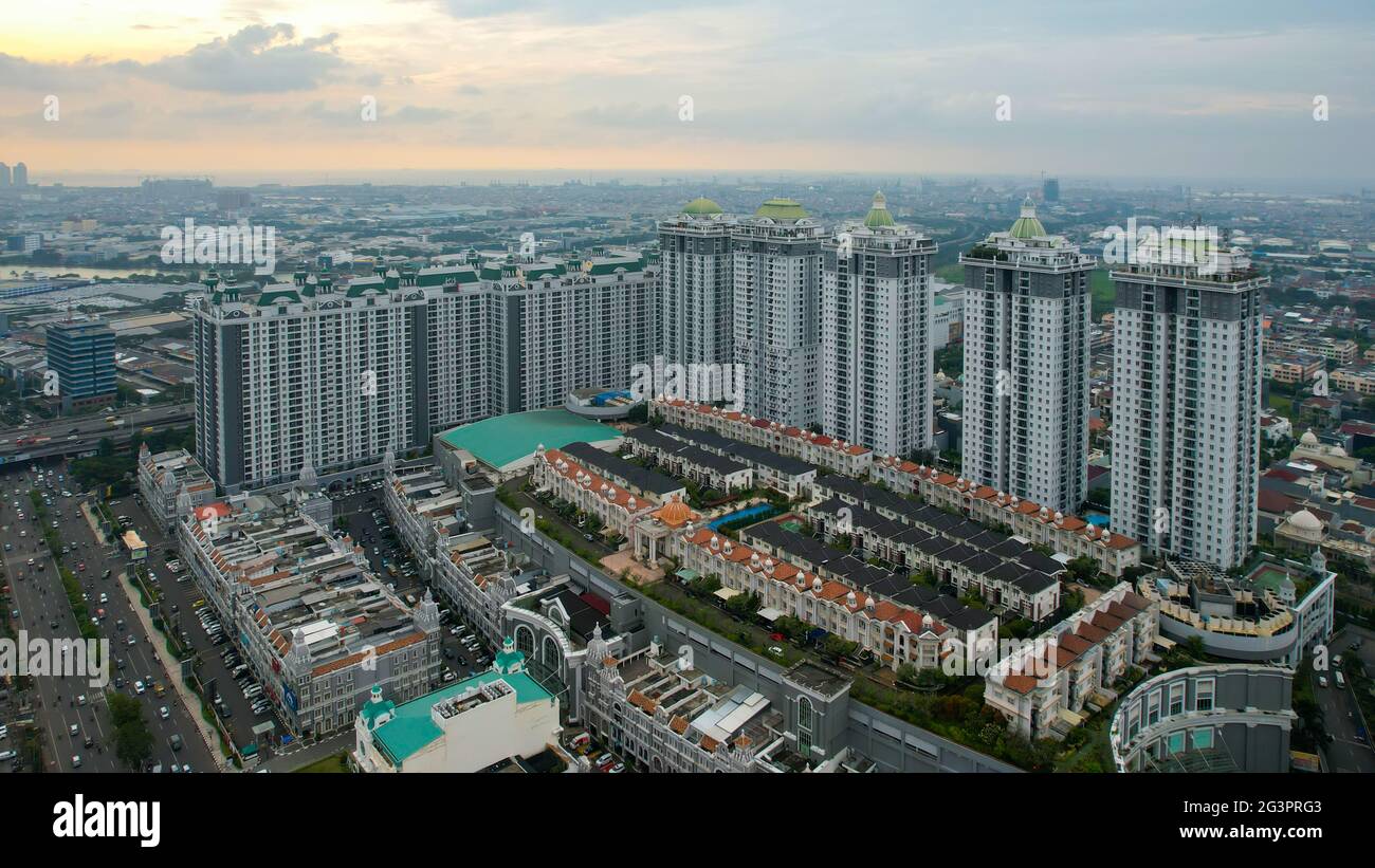 Aerial view of new green urban landscape in the city. Cityscape of a ...