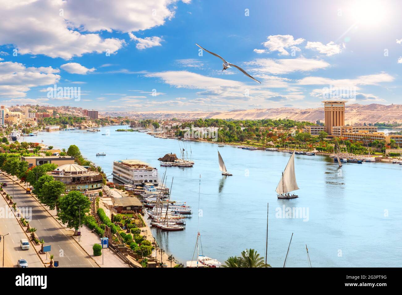 Aswan downtown, panoramic view on the Nile, Egypt Stock Photo - Alamy