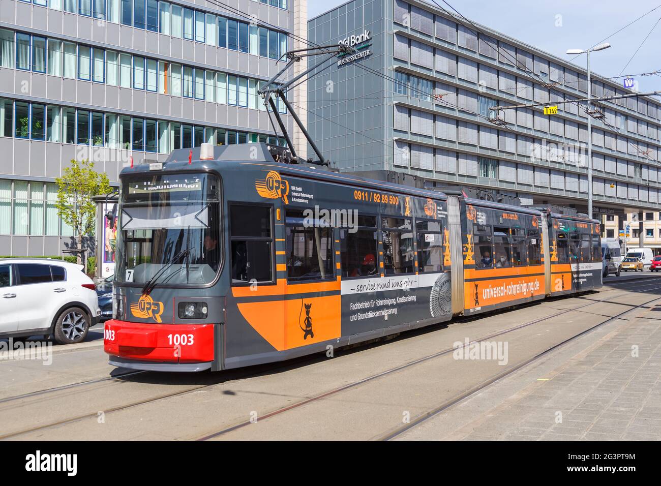 Nuremberg, Germany - April 24, 2021: Tram public transport main station Hauptbahnhof in ...