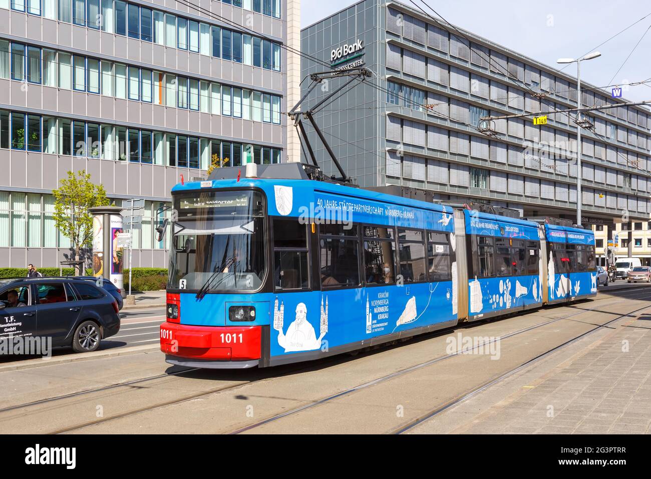 Nuremberg, Germany - April 24, 2021: Tram public transport main station ...