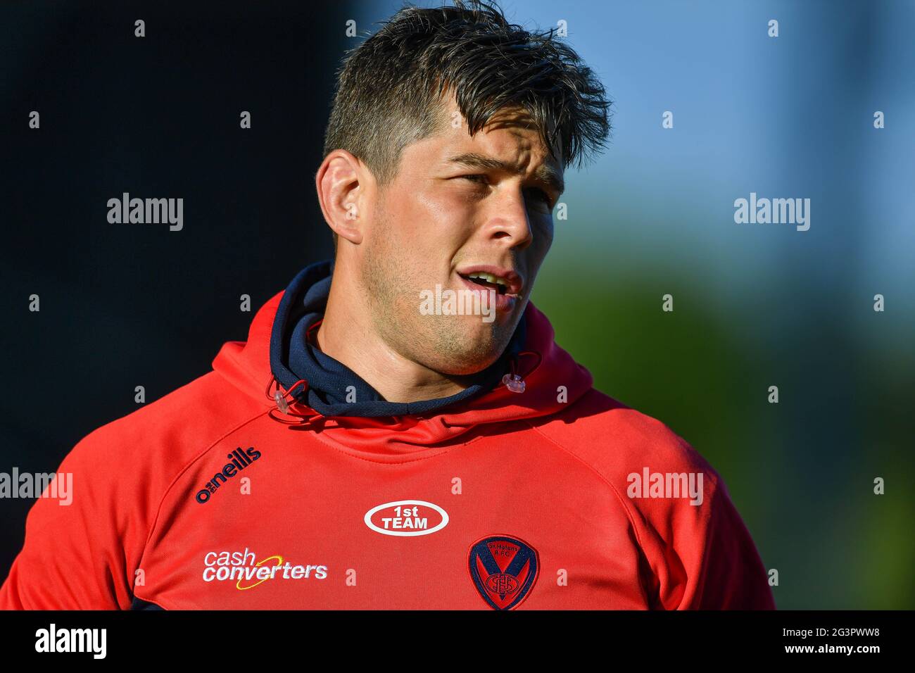 Louie McCarthy-Scarsbrook (15) of St Helens during pre match warm up ...