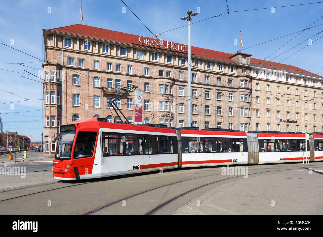Nuremberg, Germany - April 24, 2021: Tram public transport main station Hauptbahnhof in ...
