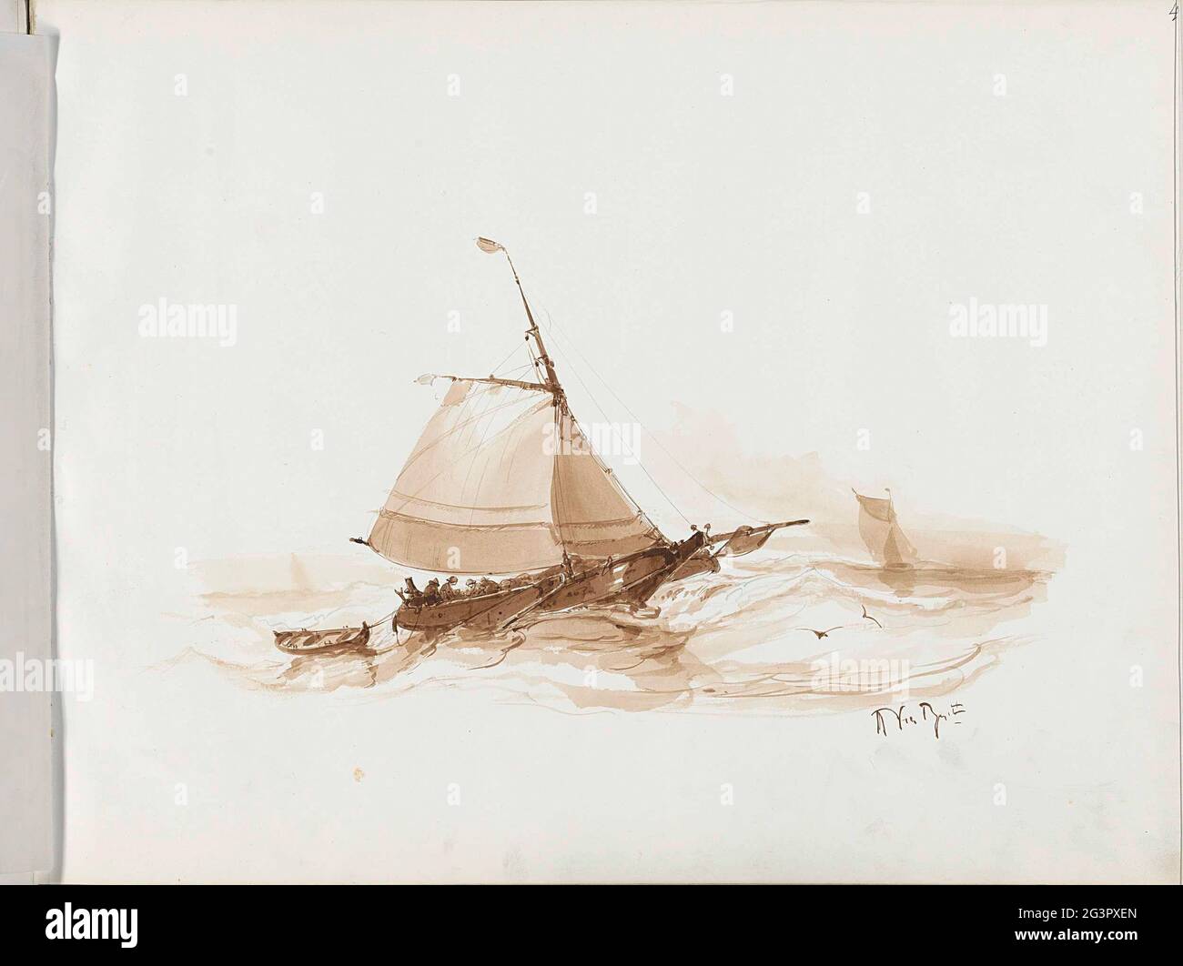 Sailing ship with figures on the water. Leaf 4 recto from a sketchbook ...
