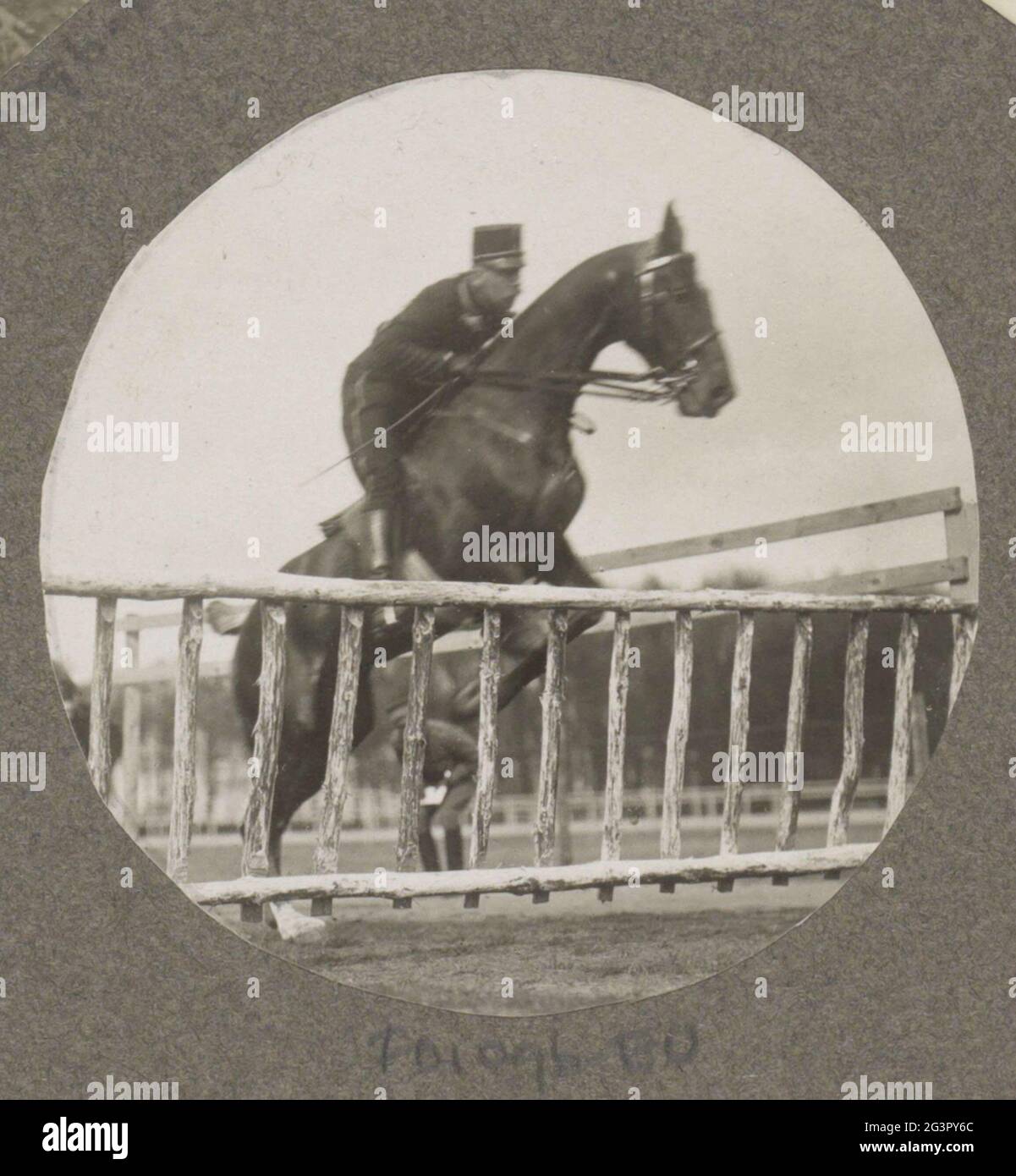 Equestrian scene on Royal wood fortress Het Loo: Rider takes obstacle ...