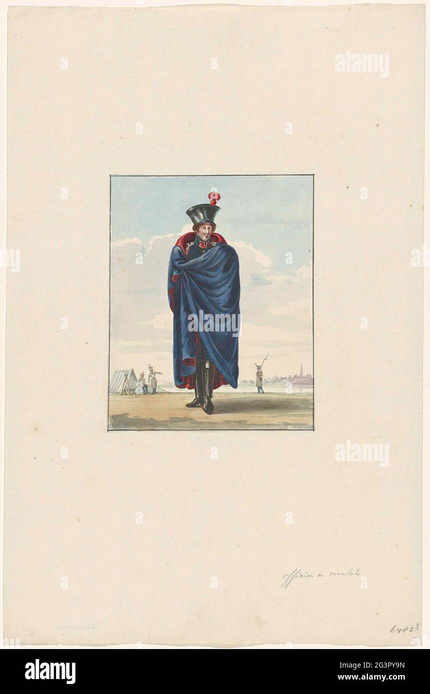 Officer in mantle; Six drawings of uniforms of the Dutch army approx ...