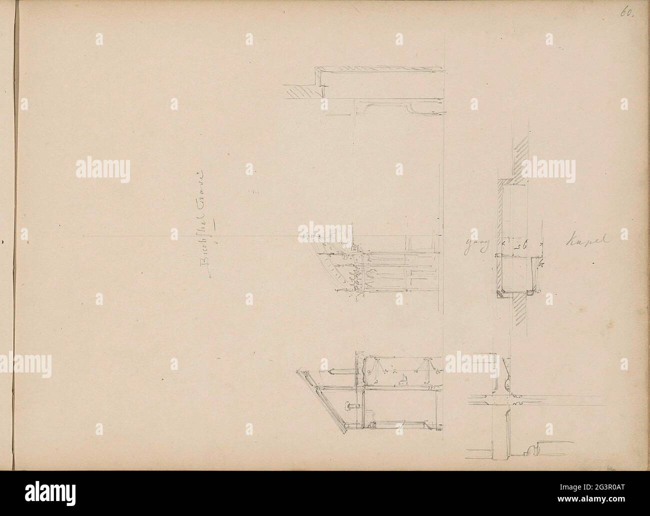 Confessional, Grave. Also a map of a hall chapel. Leaf 60 recto from a ...