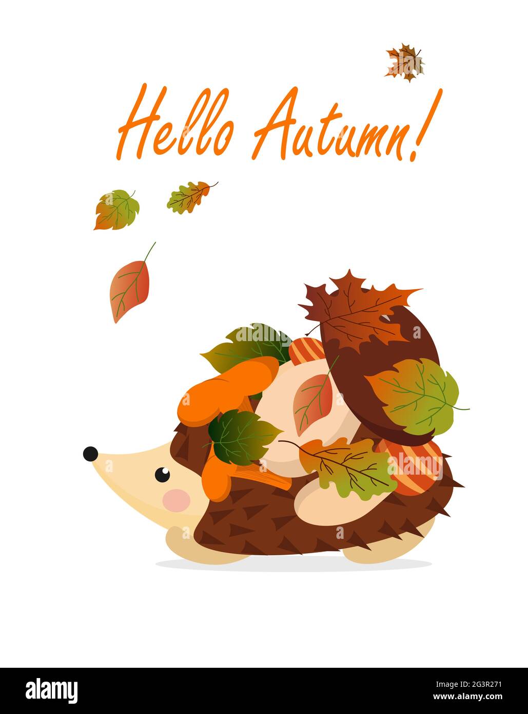 Autumn card with hedgehog, leaves and mushrooms. Vector illustration ...