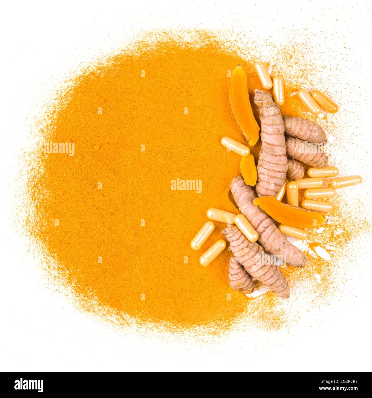 Turmeric spice, root and dietary supplement Stock Photo - Alamy