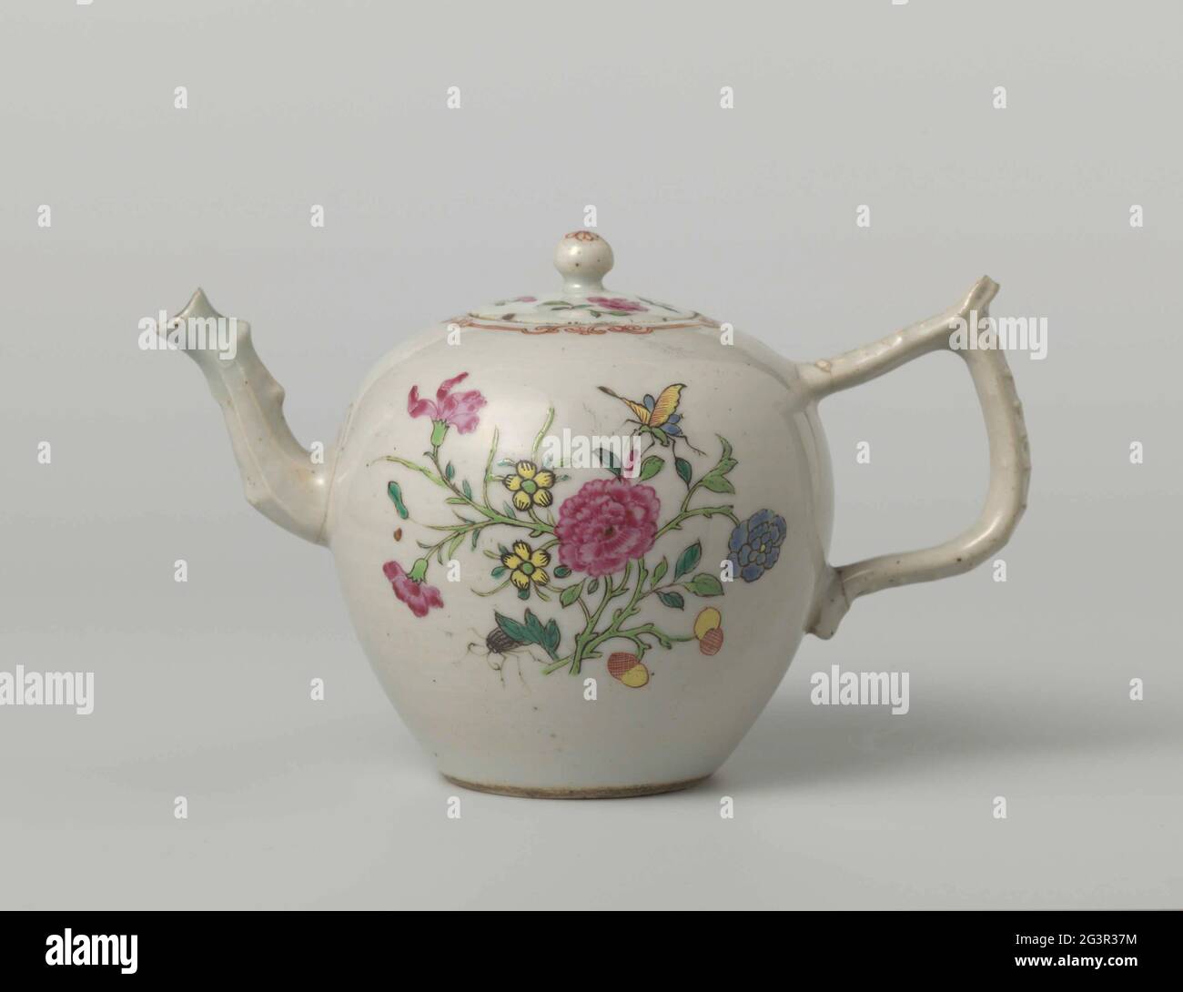 Ovoid Teapot with Flowering Plants, Butterly and Beetle. Egg-shaped teapot of porcelain, painted ...