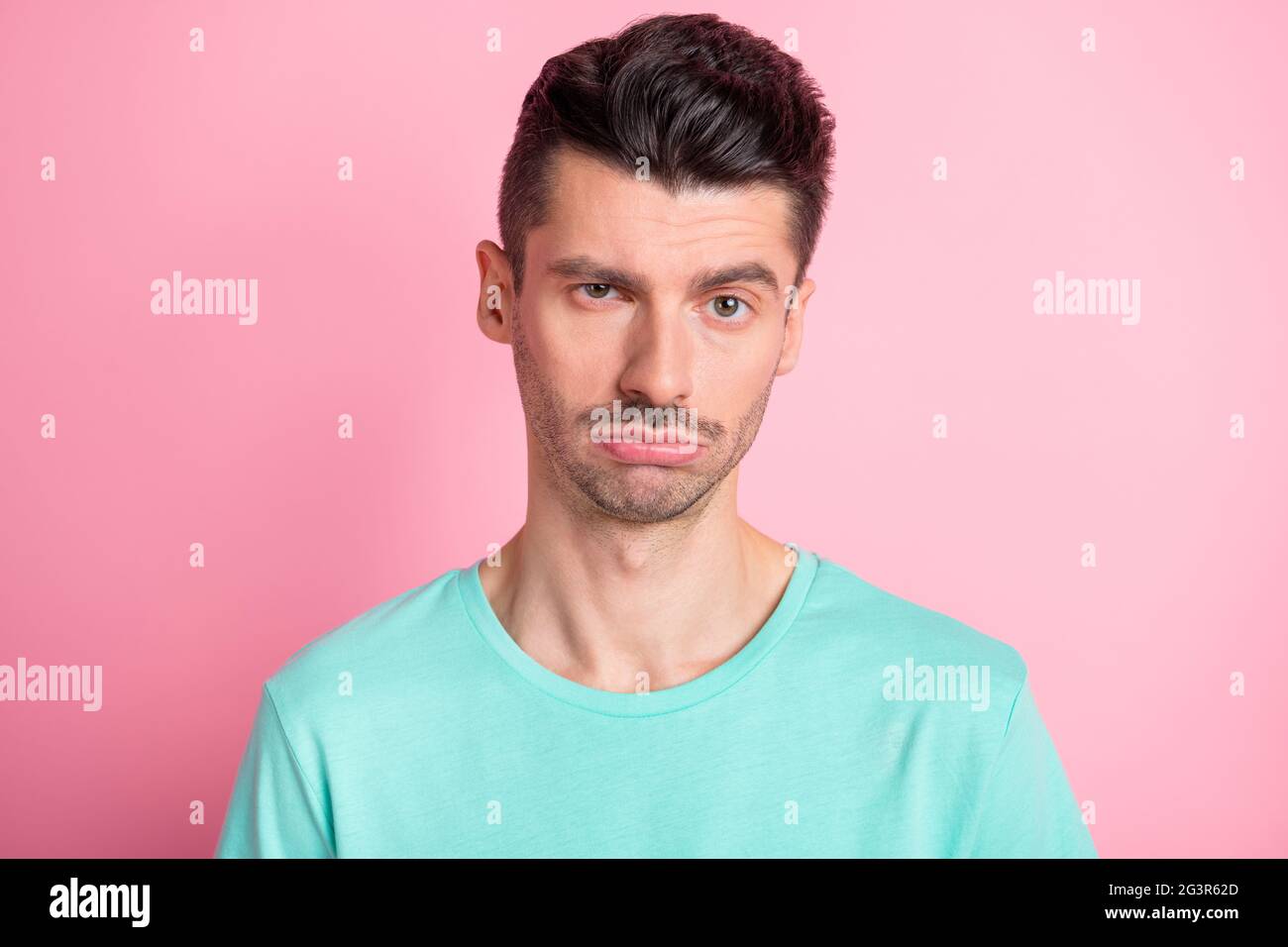 Portrait of young unhappy upset exhausted stressed bad mood man look ...