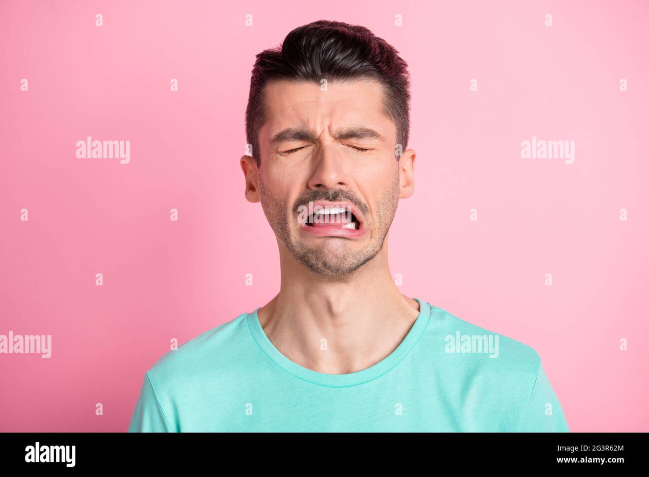 Photo of young man unhappy upset stressed cry problem fail sorrow ...