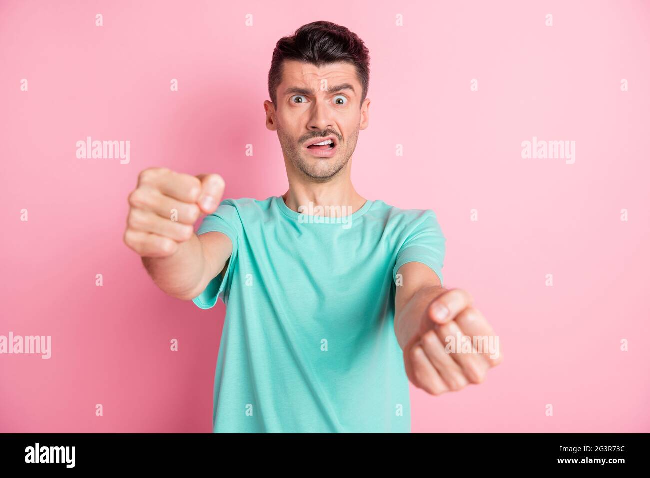 Photo of young man unhappy afraid scared panic drive car fast speed ...