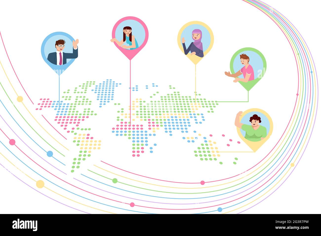 Different People taking part in video conference on distance. World map ...