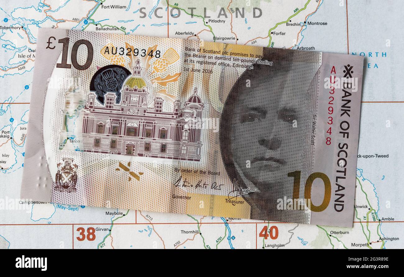 Scottish £10 note featuring the Sir Walter Scott over a map of Scotland ...