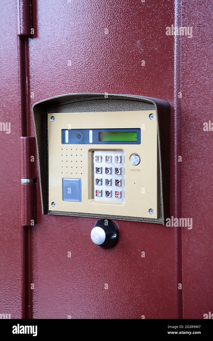 House intercom with RFID key and keypad in multi store building, close ...