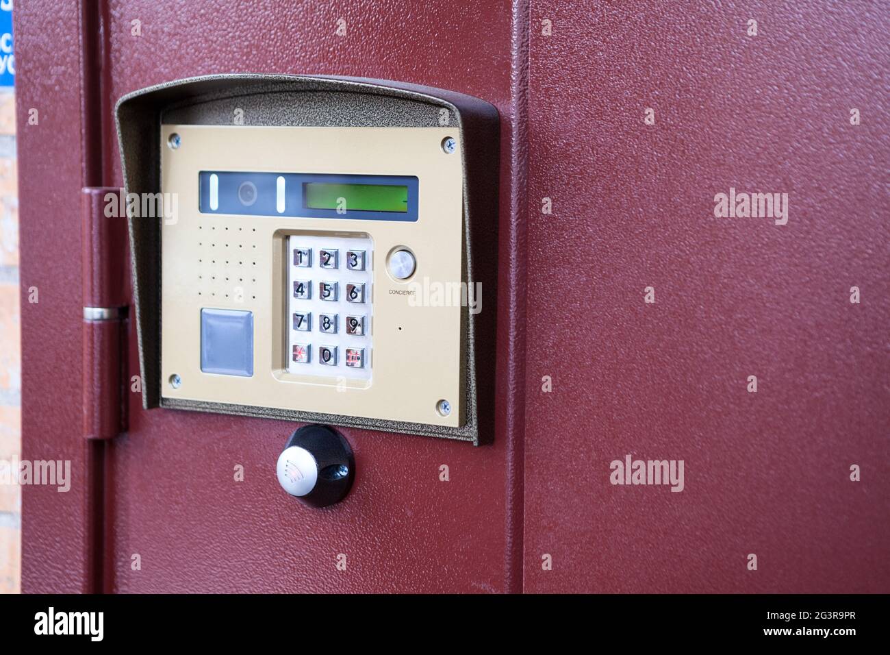 Intercom mounted steel door for building access, close up view Stock ...