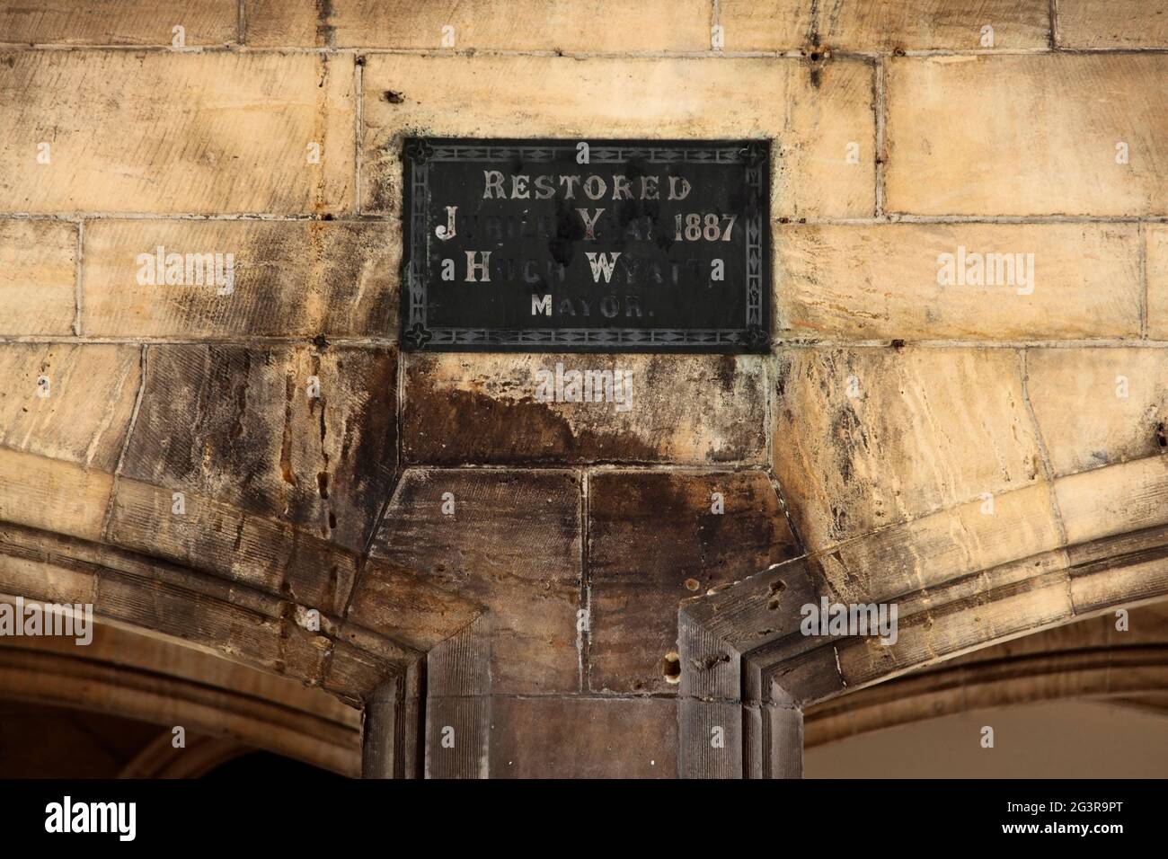 Sign in the Guildhall and Stonebow, Lincoln, UK, commemorating its 1887 ...