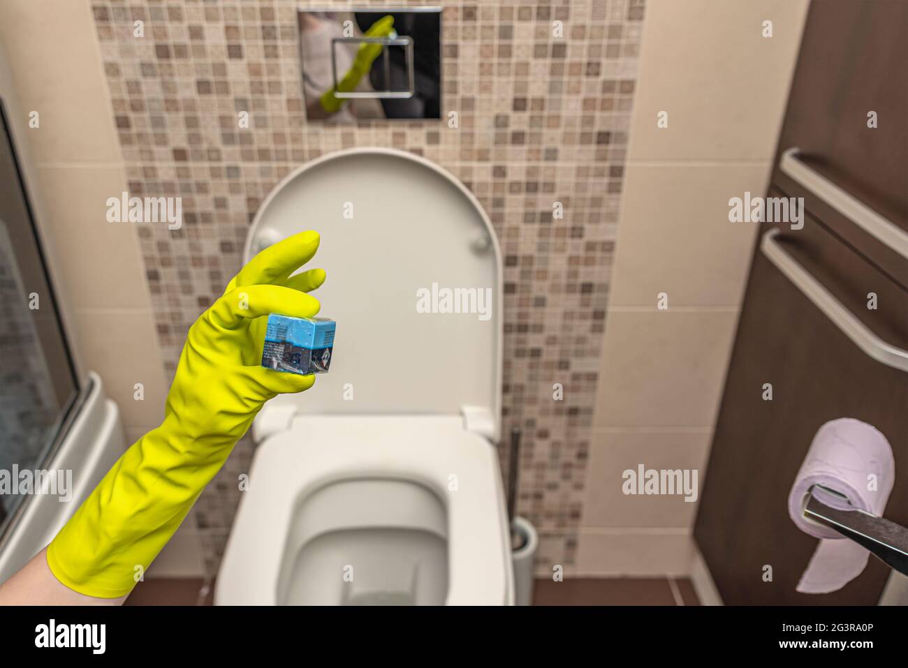Toilet cubes cleaner in hand. A hand lowers a disinfectant cube into ...