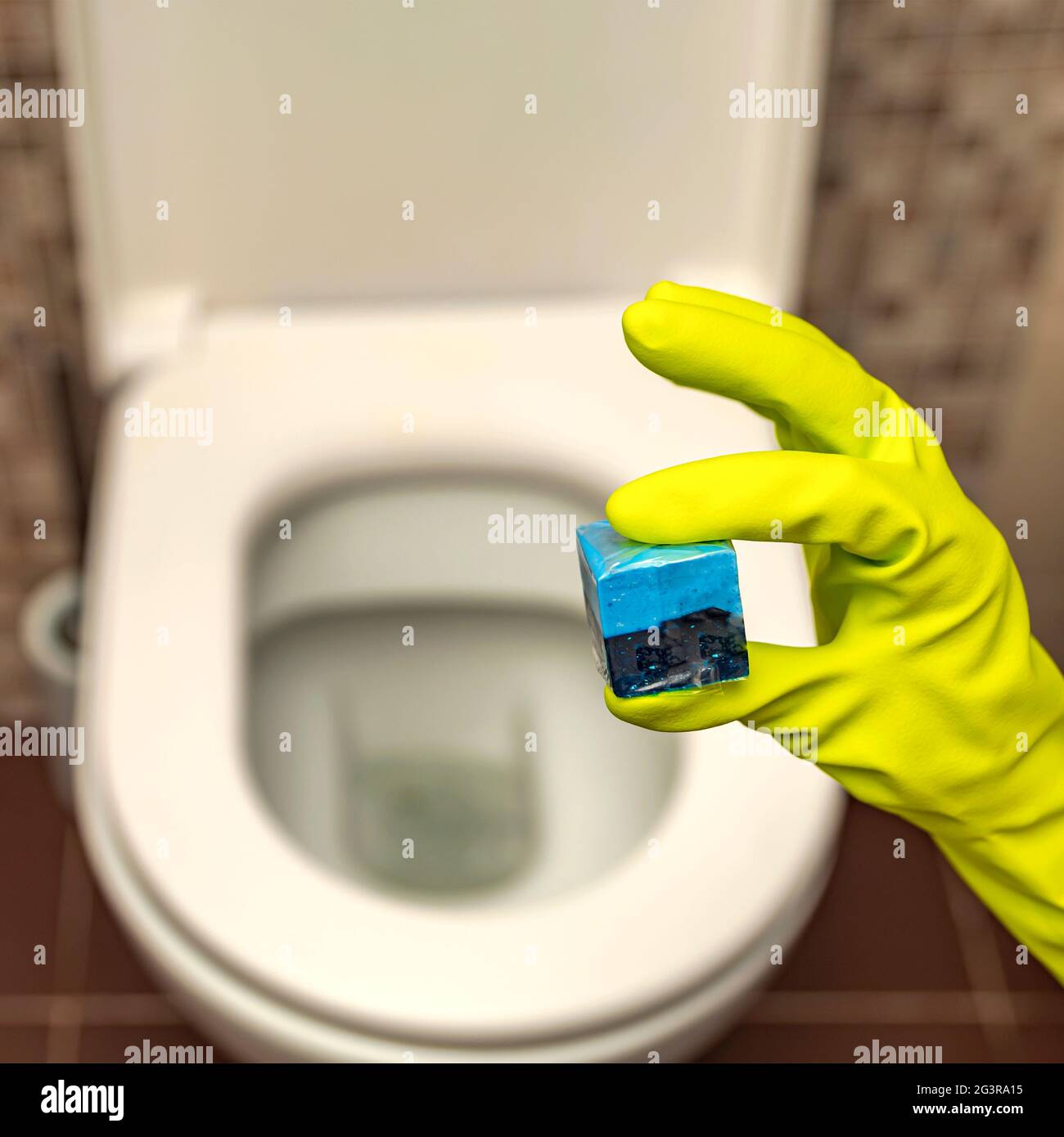 Toilet cubes cleaner in hand. A hand lowers a disinfectant cube into ...