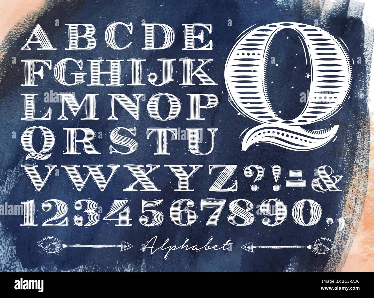 Vintage font set letters in retro style drawing on blue background ...