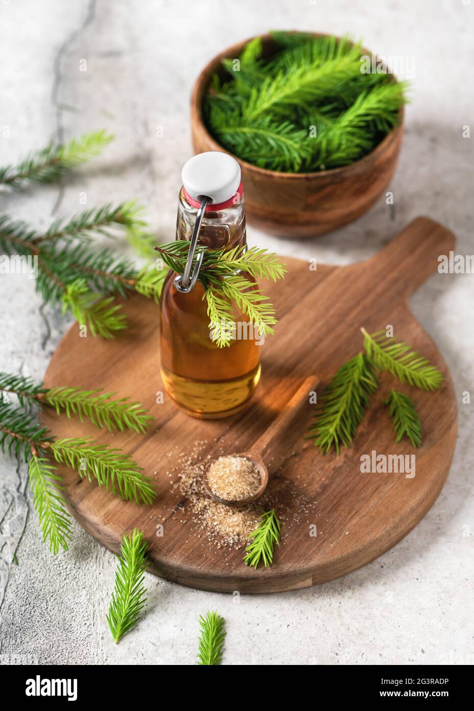 Homemade pine cough syrup made from green young fir tops and nature ...
