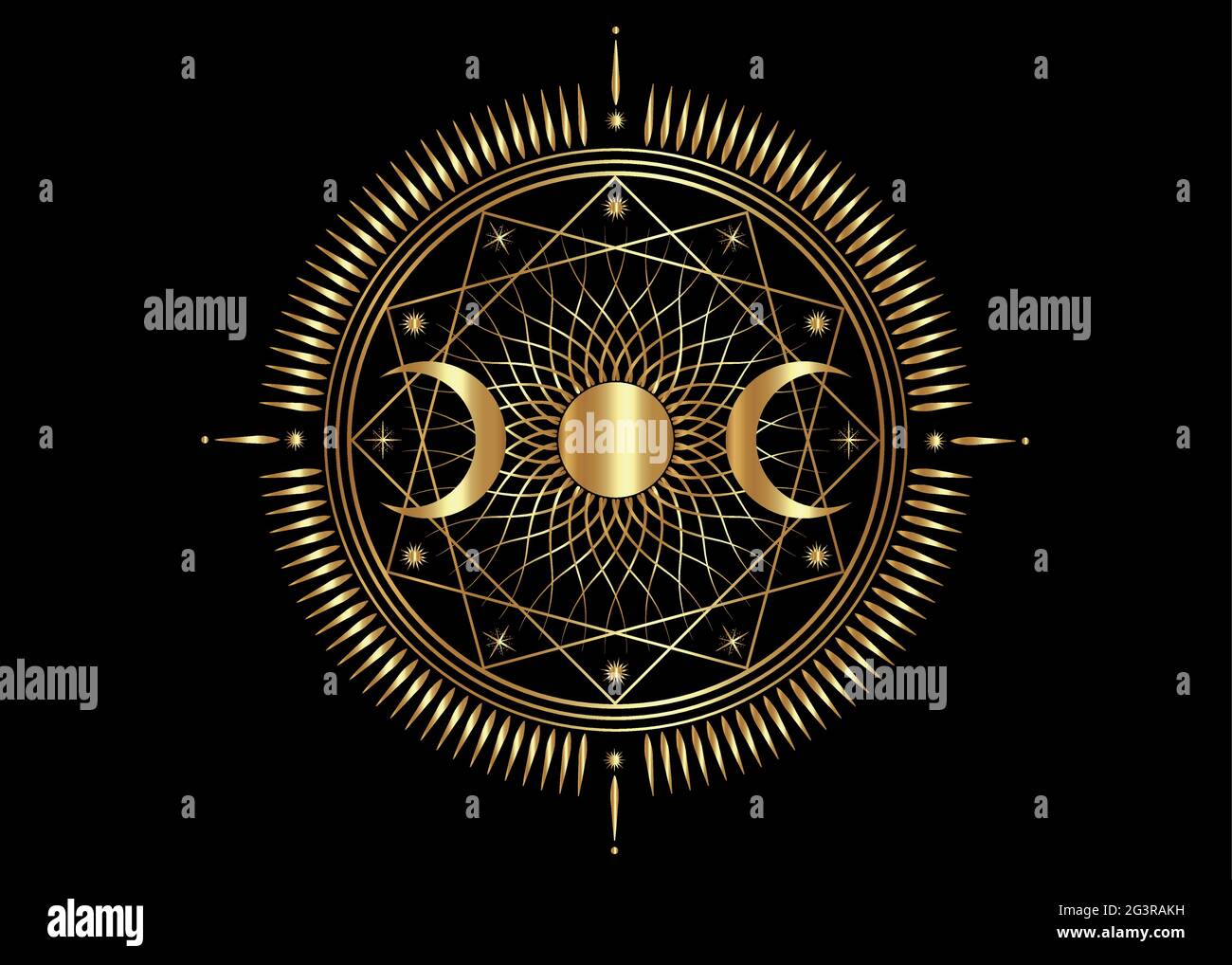 Gold Triple moon mystic icon Sacred Geometry Wicca sign, radial rays ...