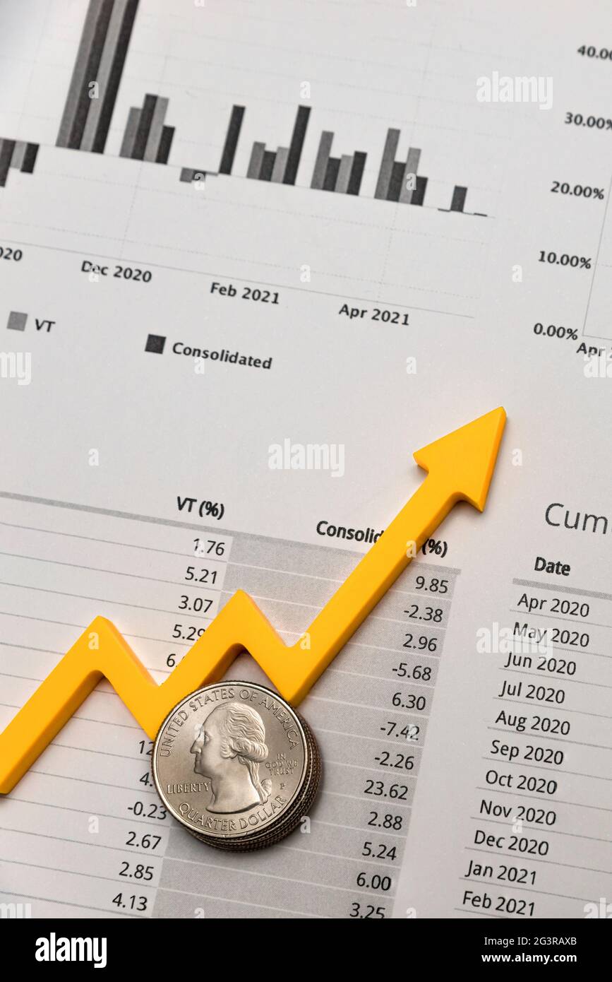 investment report, financial quarterly report, money on a printed sheet ...