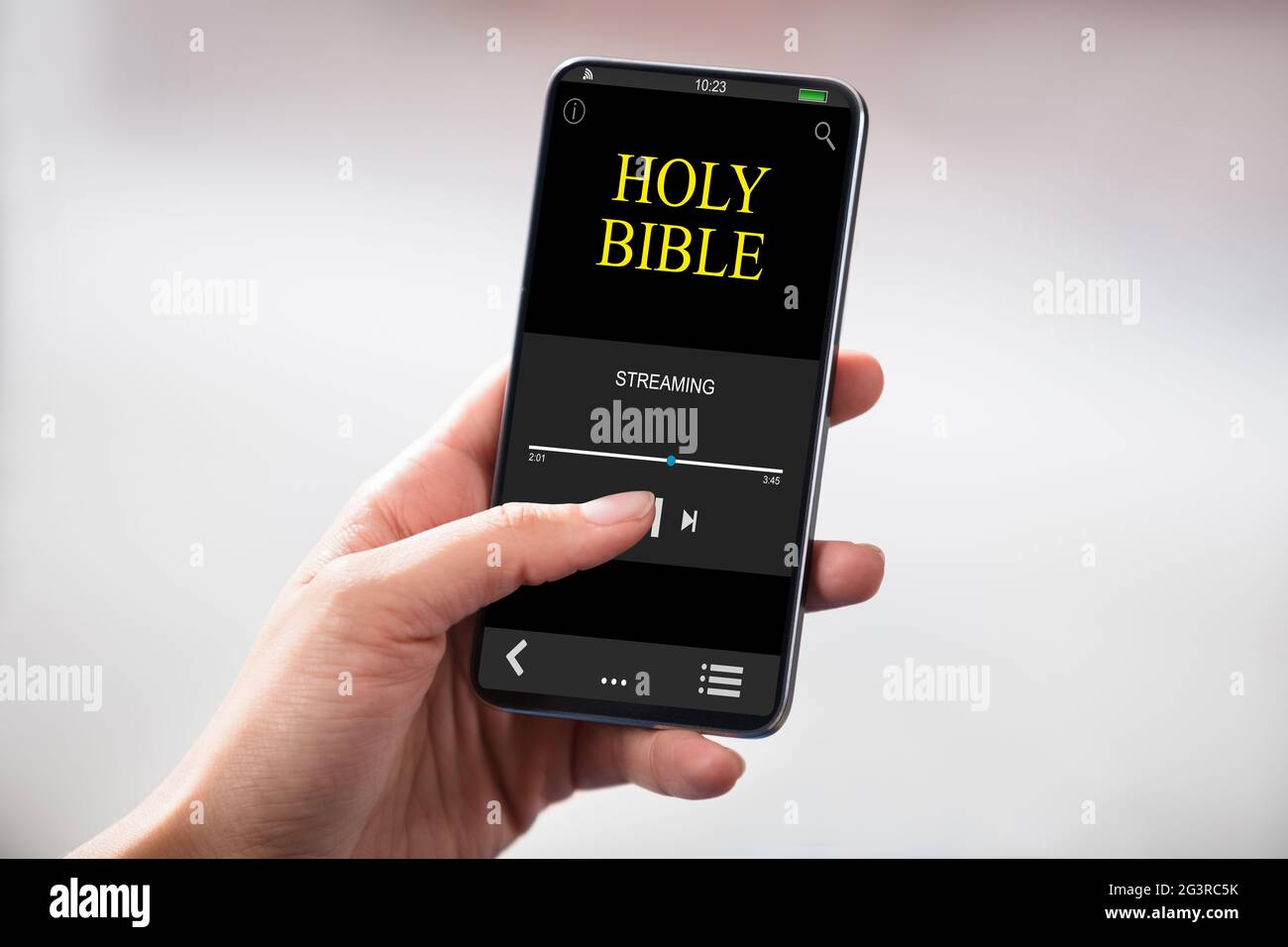 Christian Woman Reading Bible Book On Phone And Praying Stock Photo - Alamy