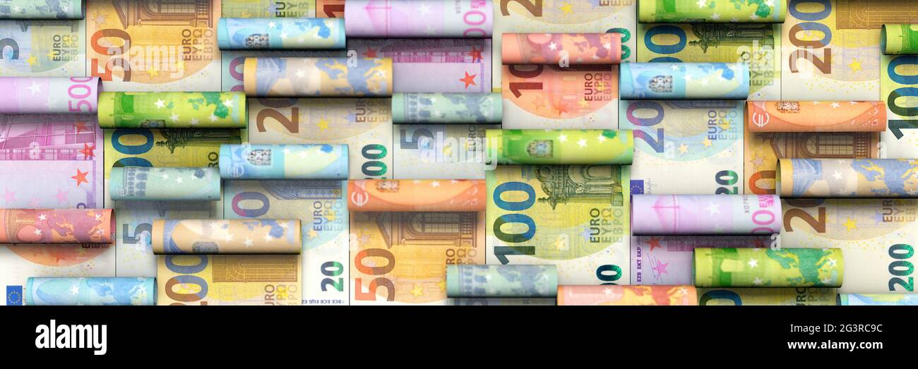 Many rolled up Euro banknotes, banner format Stock Photo - Alamy
