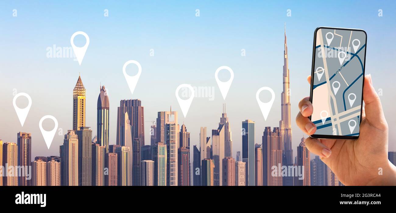 Dubai Digital Location Based GPS Technology App Stock Photo - Alamy