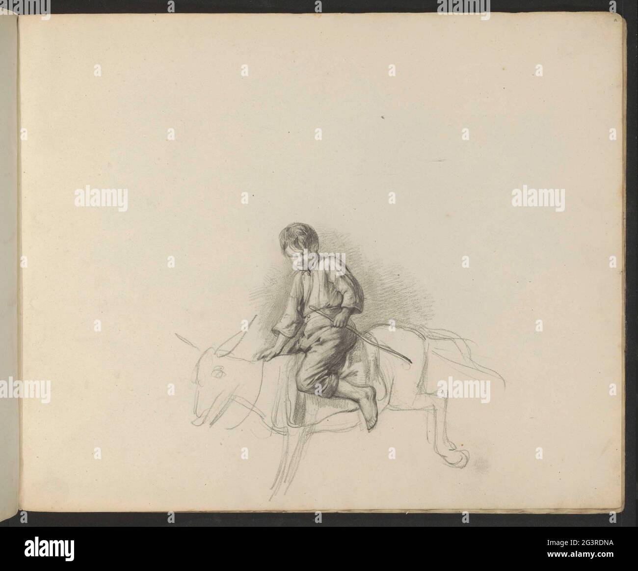 Boy with stick on a donkey. Leaf 12 Recto from a sketchbook with 13 ...