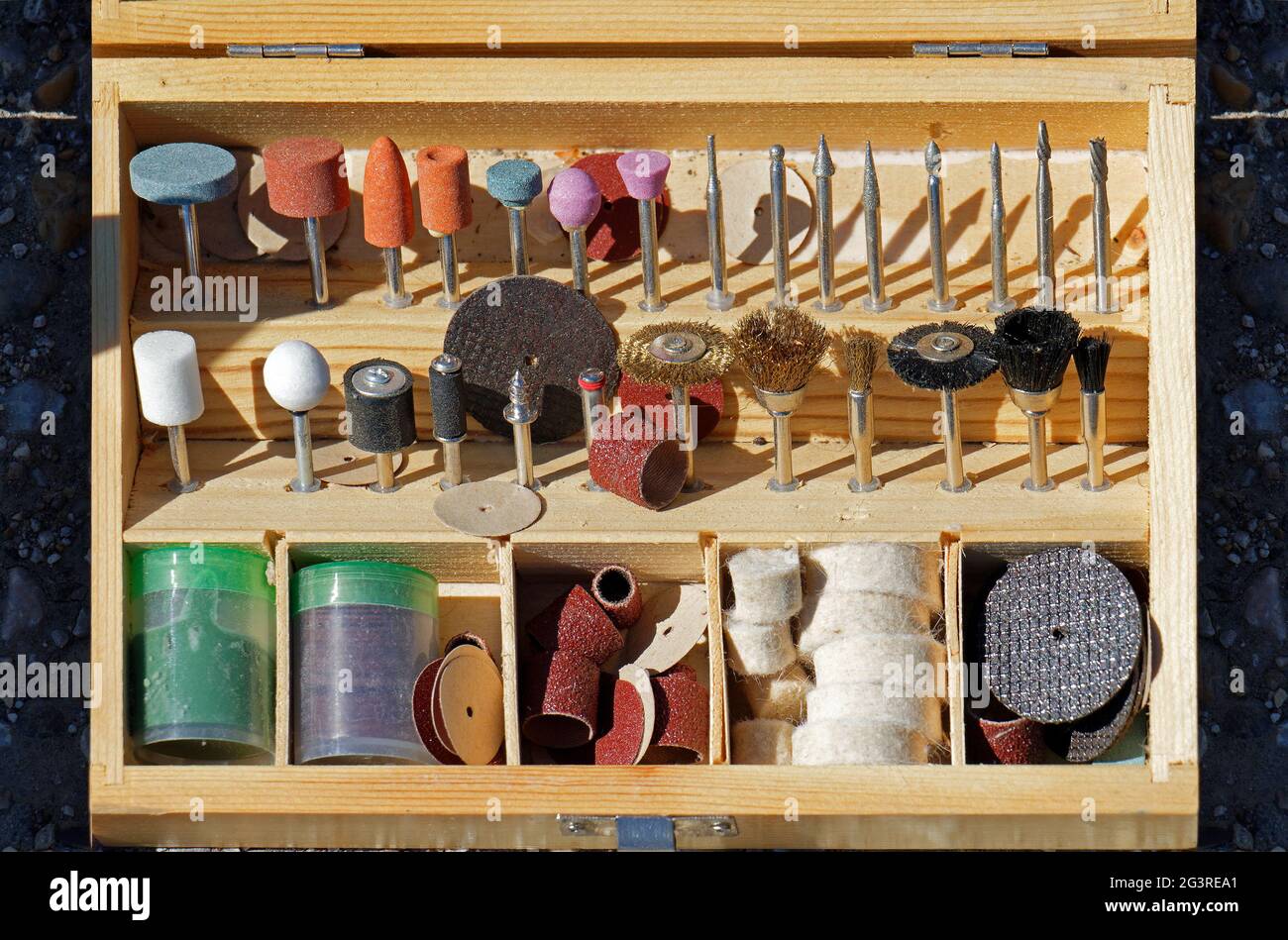 Extensions for electric grinder appliances in wooden box Stock Photo ...