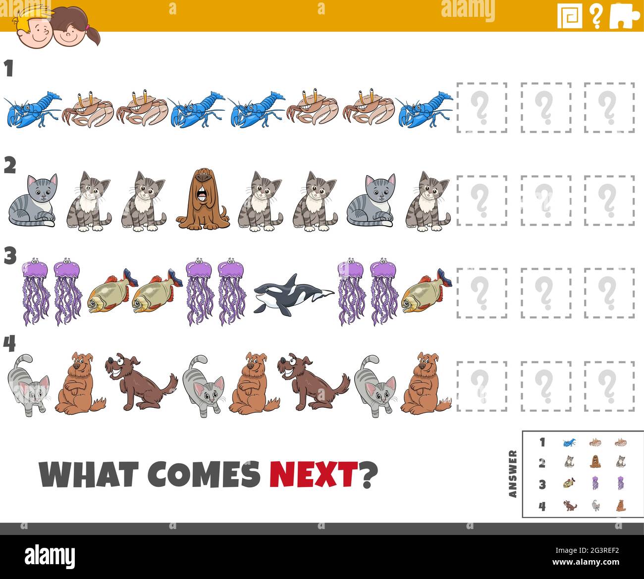 Cartoon illustration of completing the pattern educational game for ...