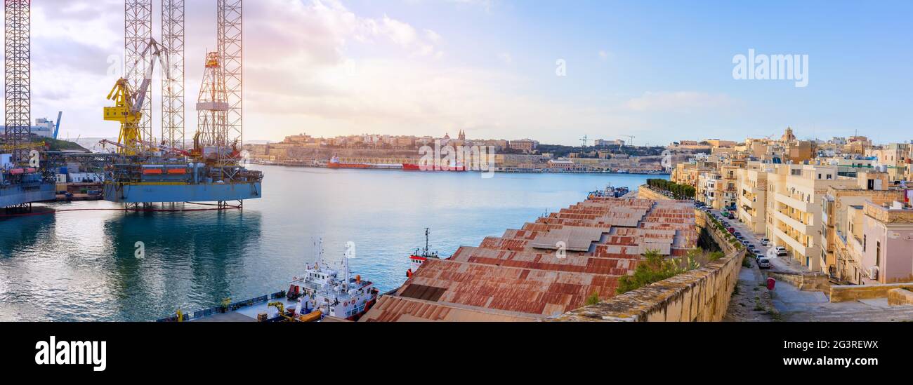Malta Grand Harbour Senglea Docks Dockyard shipyard Floriana Panorama ...