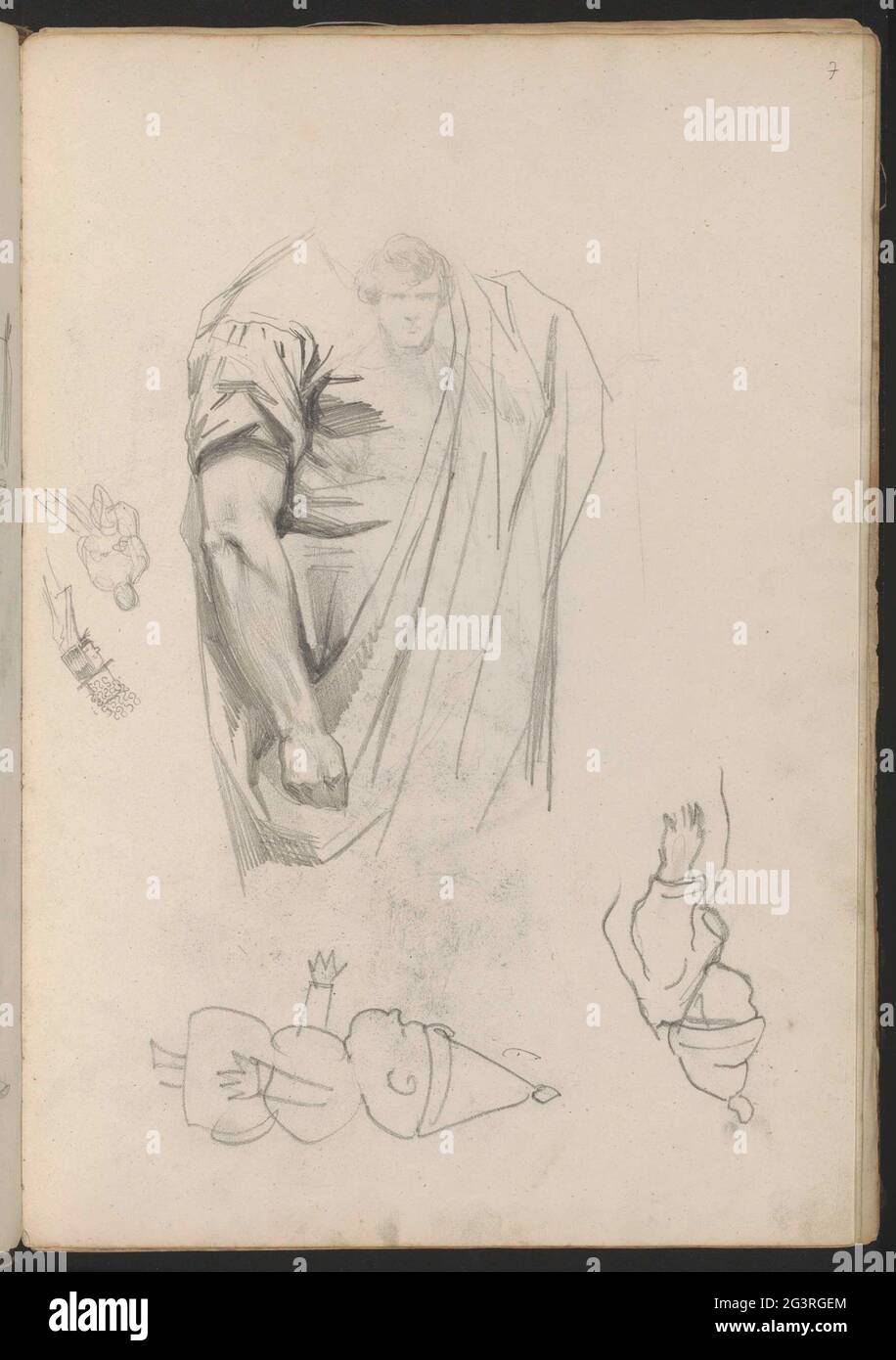 Study sheet with (fantasy) figures, clothing and a head. Leaf 7 Recto ...