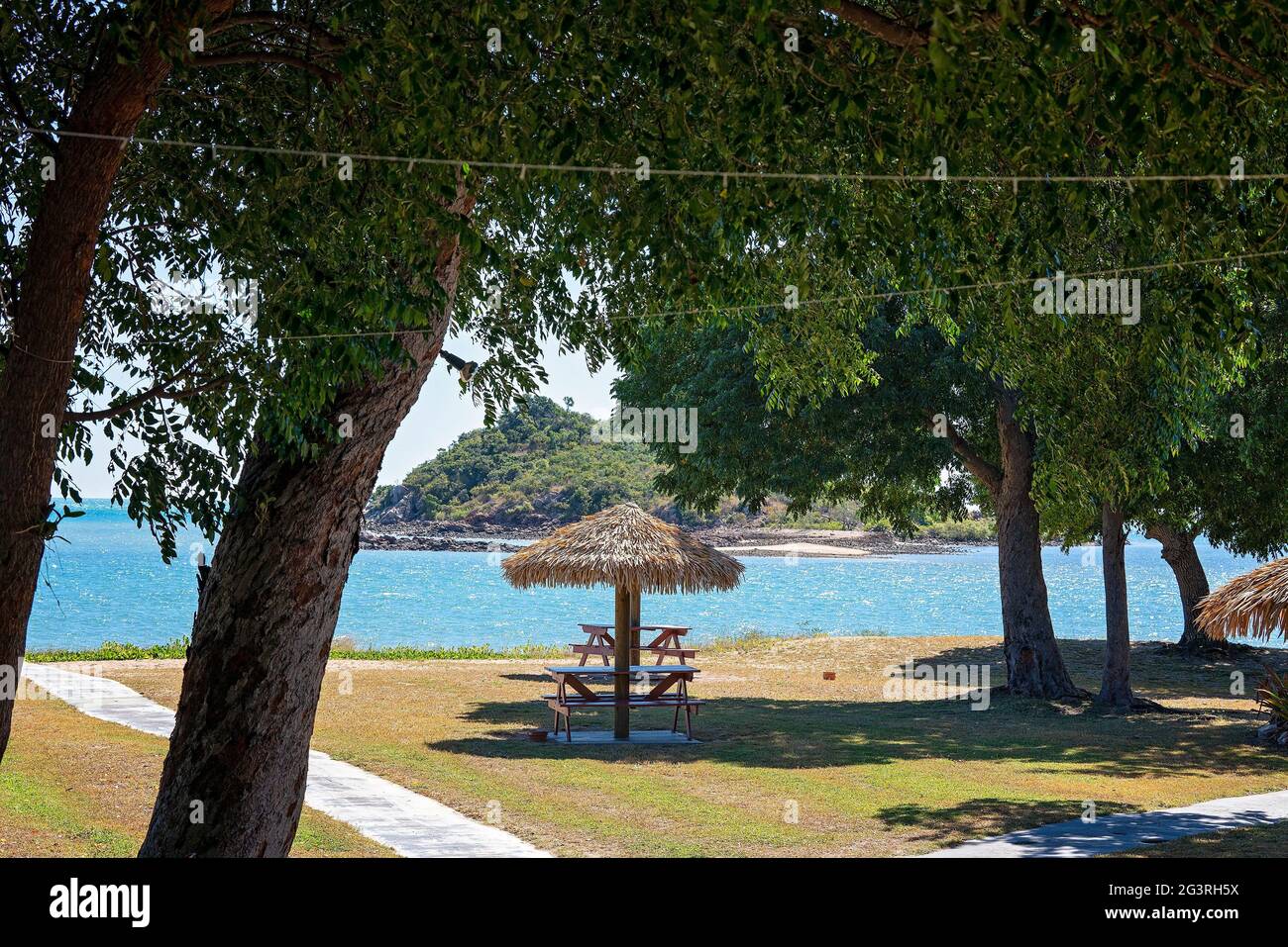 A grass thatched shade umbrella over picnic table and seating amongst ...