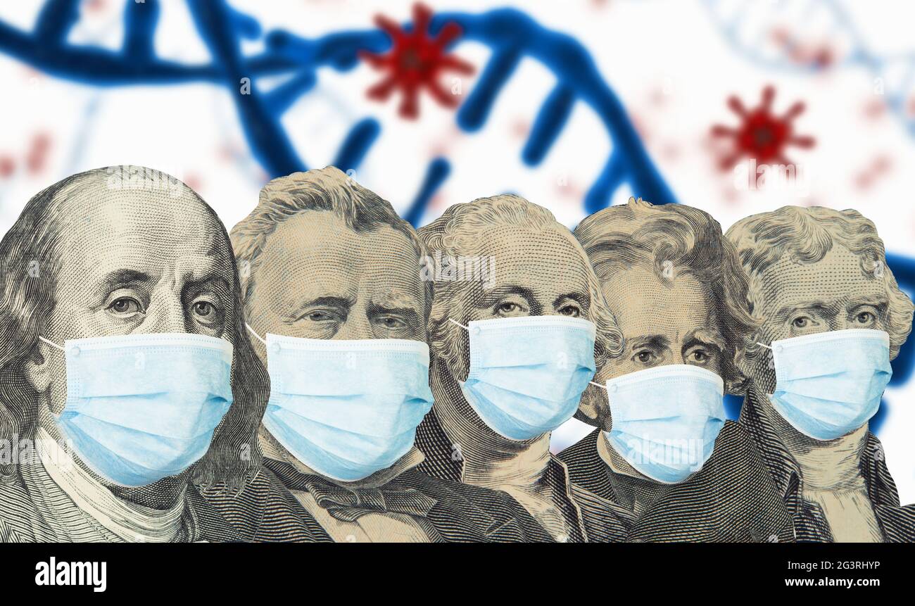 Different american presidents from dollar banknotes with a face masks ...